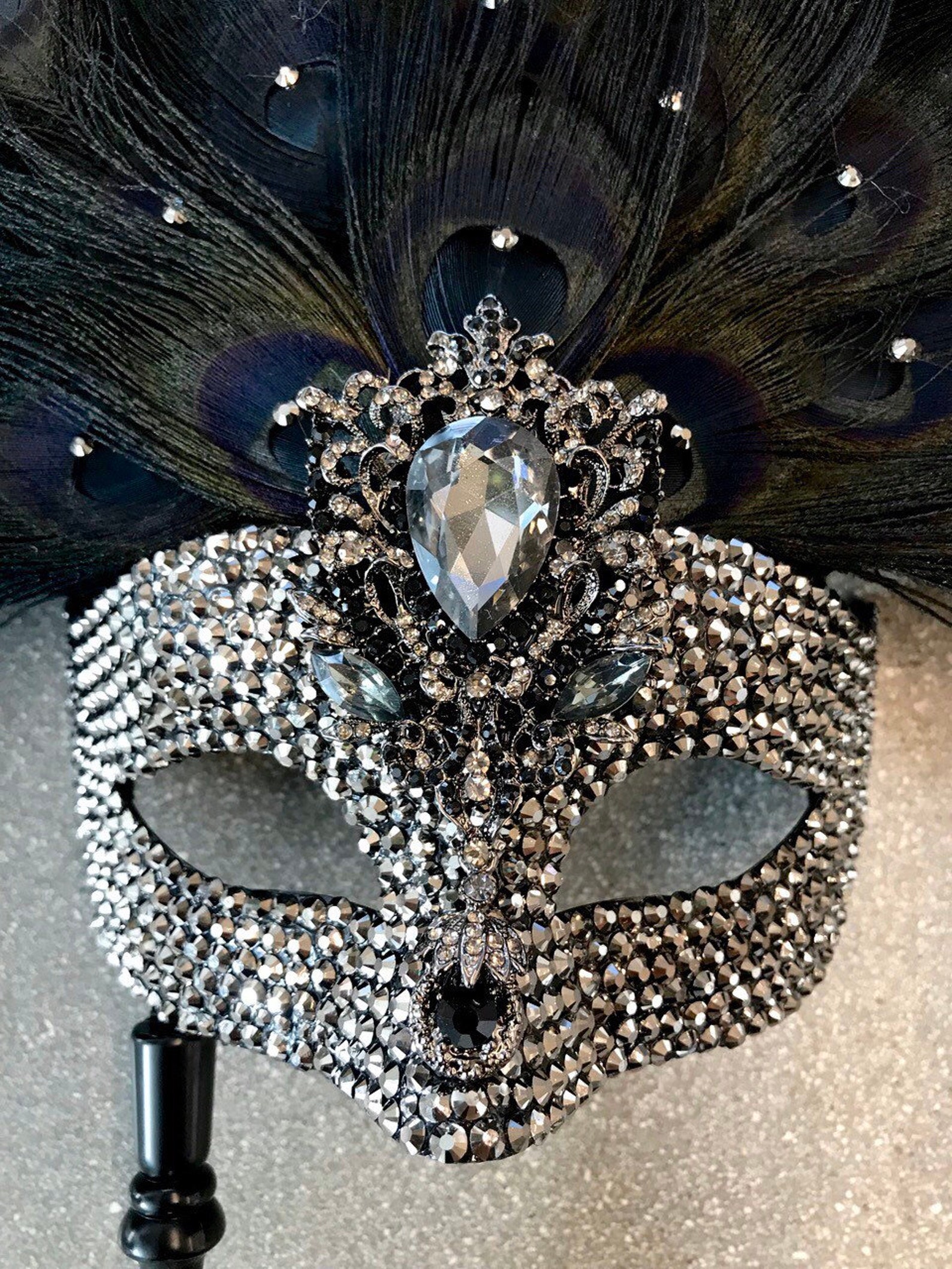 Moonshadow Black Handled Peacock Feather & Marcasite Rhinestone ...