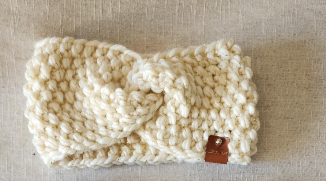 Chunky Knit Twist Headband: Cream Sparkle Wool Blend Ear Warmer - Etsy