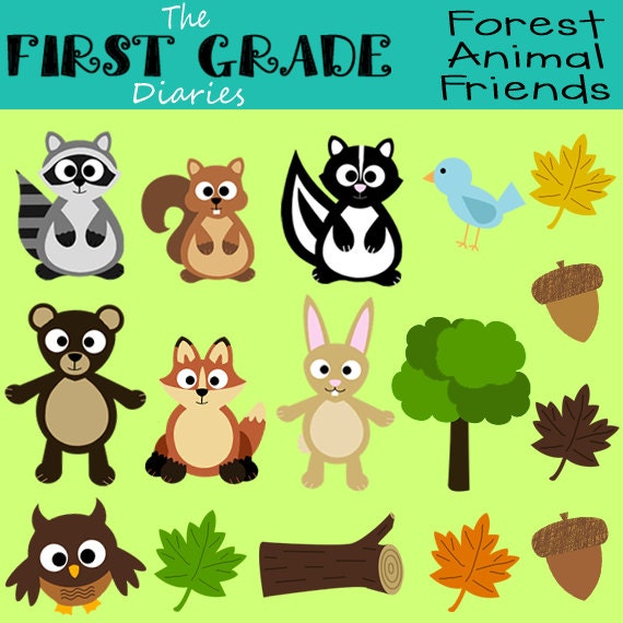 Forest Animal Friends Digital Clip Art Woodland Squirrel Bear - Etsy