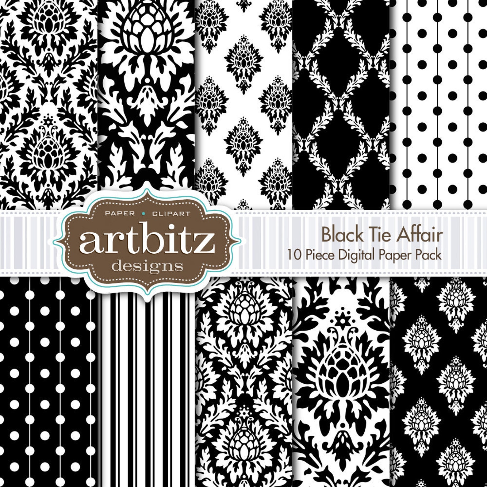 Black Tie Affair Damask 10 Piece Digital Scrapbooking Paper Pack, 12 ...