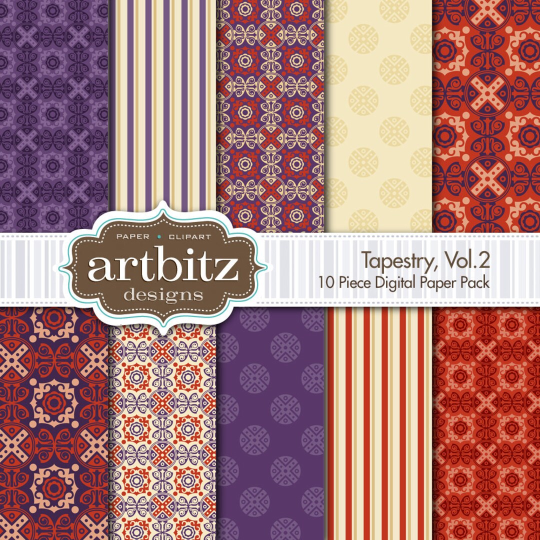 Tapestry, Vol. 2, 10 Piece Damask Digital Scrapbooking Paper Pack, 12 ...