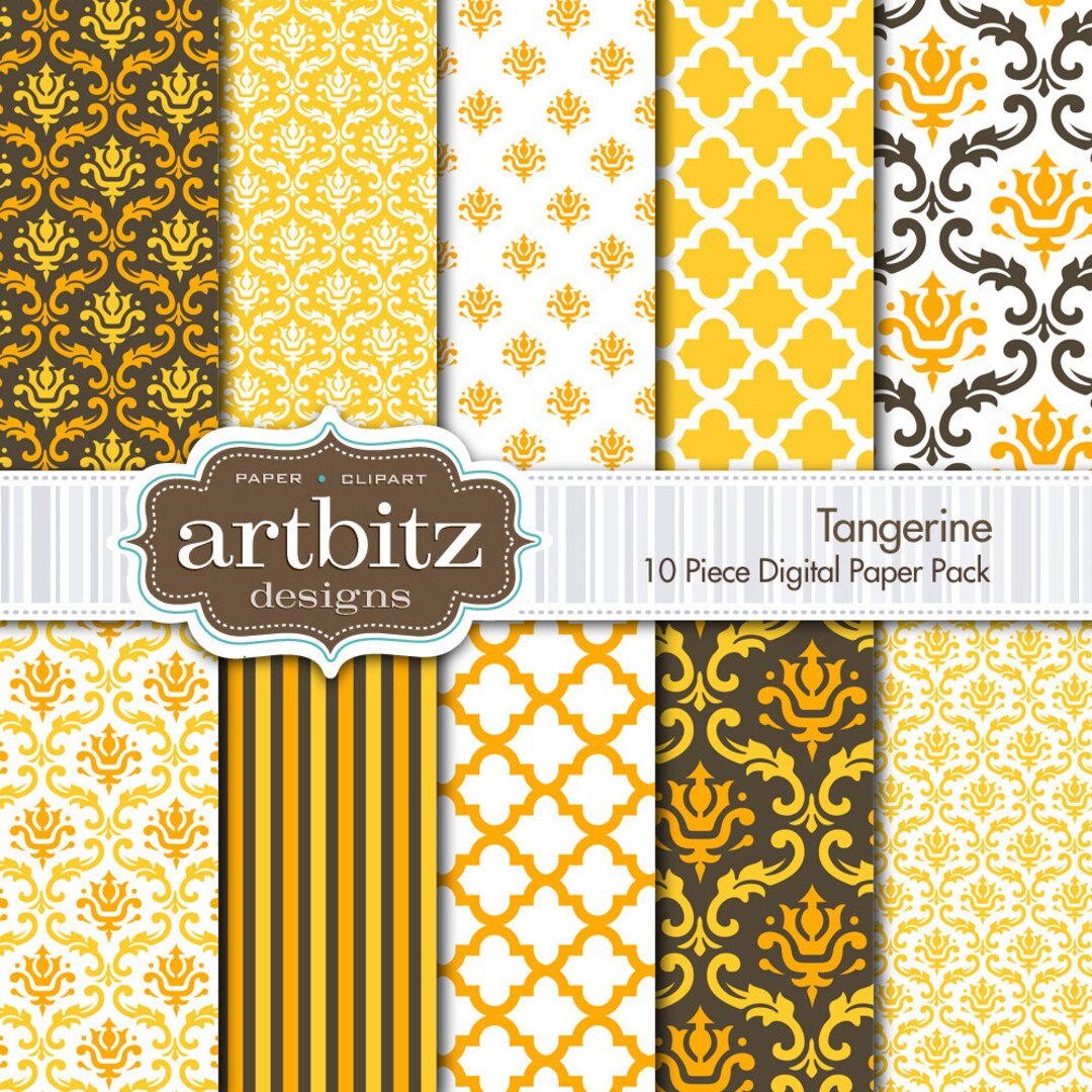 Tangerine 10 Piece Damask Digital Scrapbooking Paper Pack, 12"x12", 300 ...
