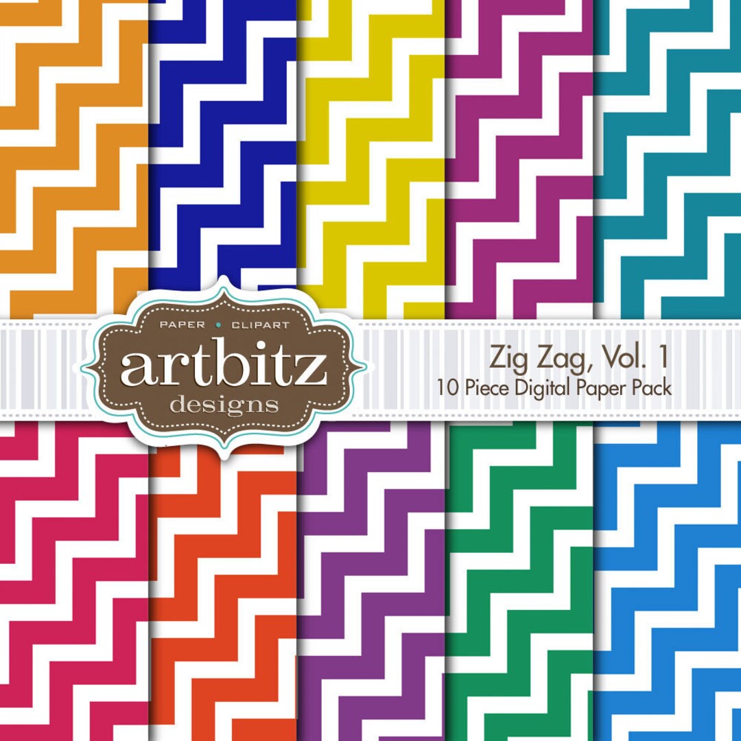 Zig Zag 10 Piece Chevron Digital Scrapbook Paper Pack, 12"x12", 300 Dpi ...