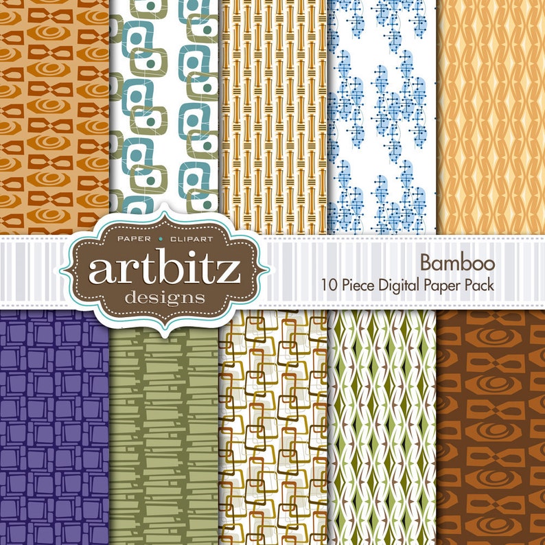Bamboo 50's Modern 10 Piece Atomic Digital Scrapbooking Paper Pack, 12 ...