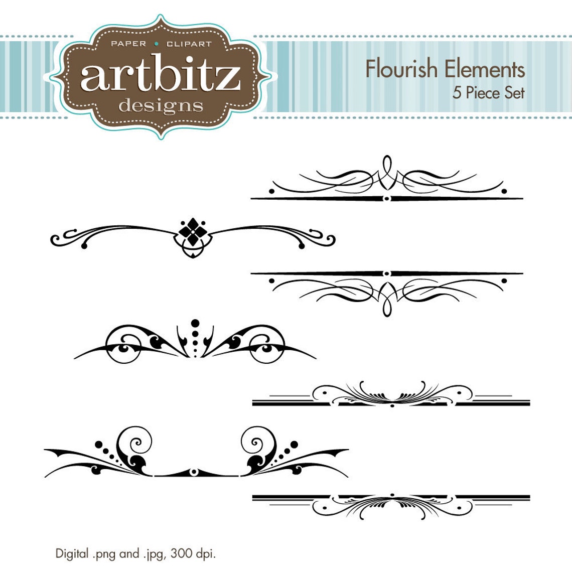Flourish Elements, No. 17002 Clip Art Kit, 300 Dpi .jpg and .png ...