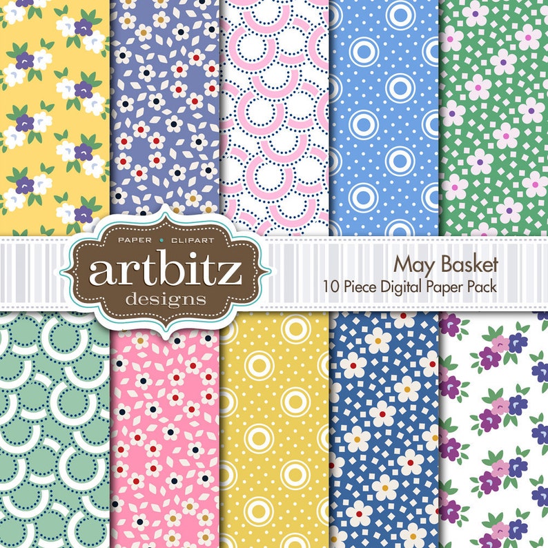 May Basket 10 Piece Digital Scrapbook Paper Pack, 12"x12", 300 Dpi .jpg ...