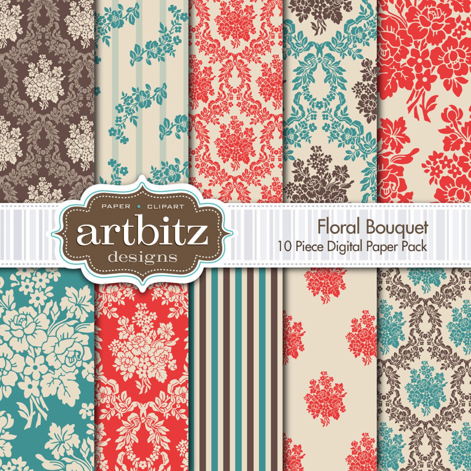 Floral Bouquet Damask 10 Piece Digital Scrapbooking Paper Pack, 12"x12 ...
