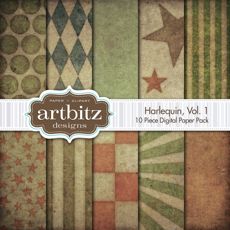 Harlequin Vol. 1, 10 Piece Distressed Digital Scrapbooking Paper Pack ...