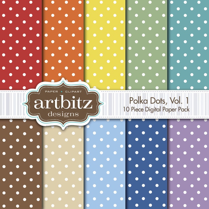Polka Dots Vol. 1, 10 Piece Digital Scrapbook Paper Pack, 12"x12", 300 ...