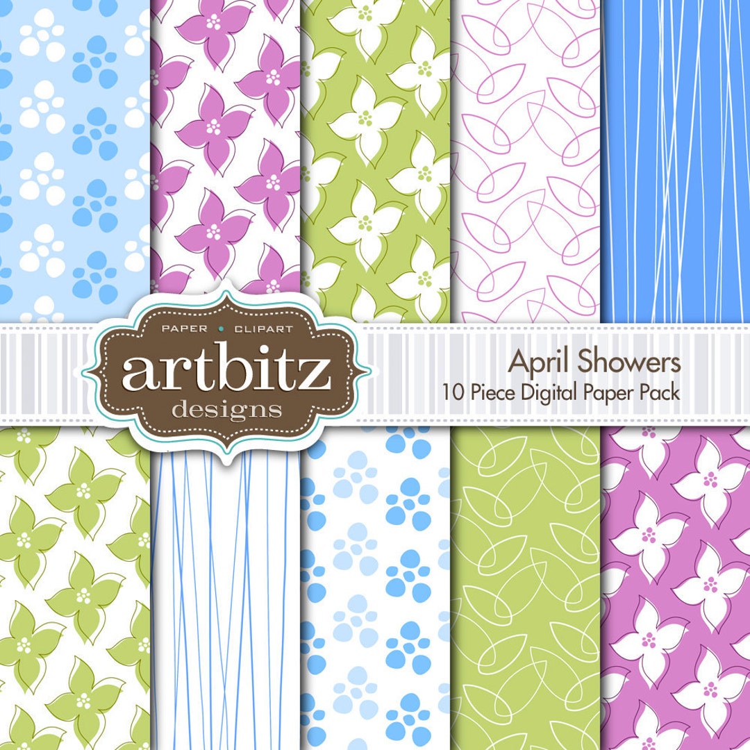 April Showers 10 Piece Digital Scrapbooking Paper Pack, 12"x12", 300 ...