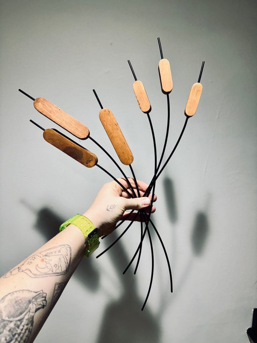 Vintage Wood Cattails Wall Mount Piece, 2 Set of Wood Cattails on Black ...