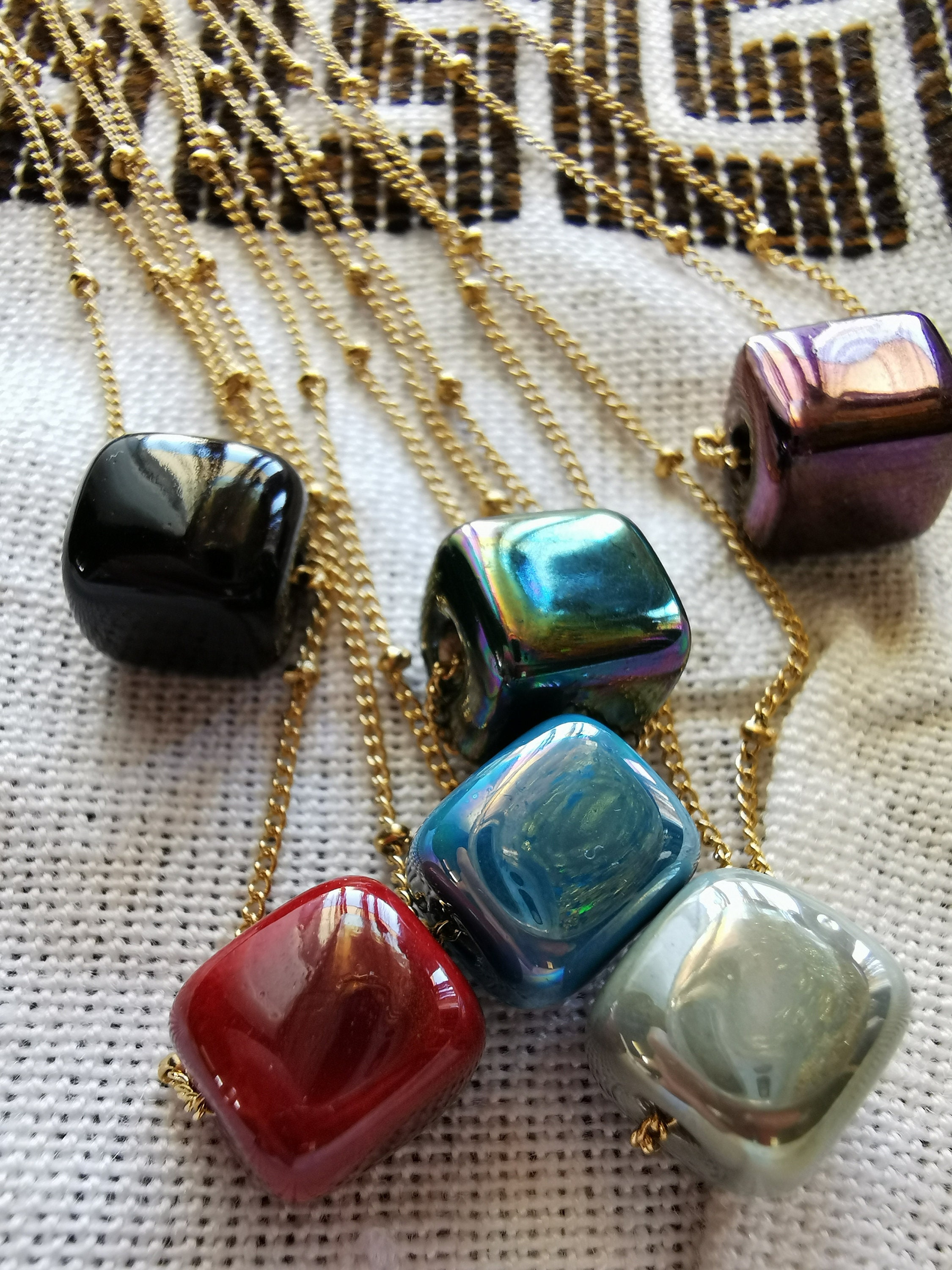 Thin Detailed Gold Stainless Steel Chain With Greek Ceramic and Glazed ...