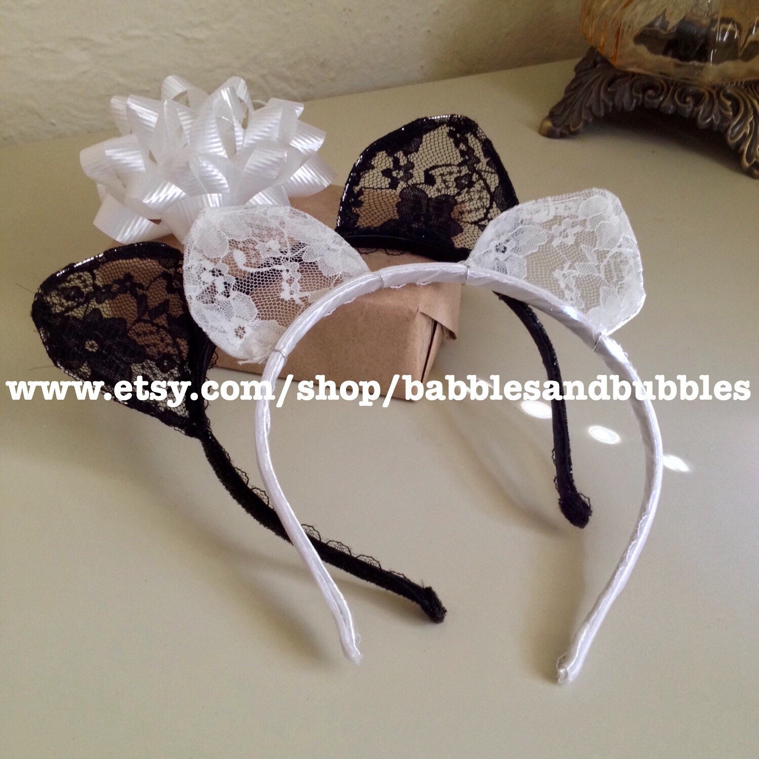 Comfortable Handmade White or Black Lace Cat Ears Headband - Etsy