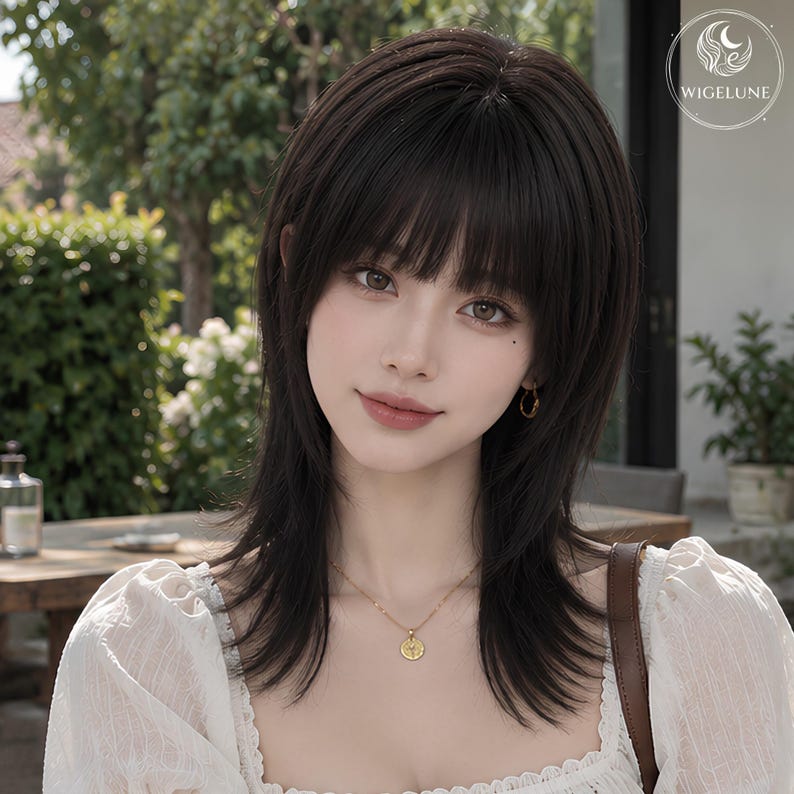 16 Inch Black Brown Wolf Cut Wig With Bangs, Layered Synthetic Wig ...