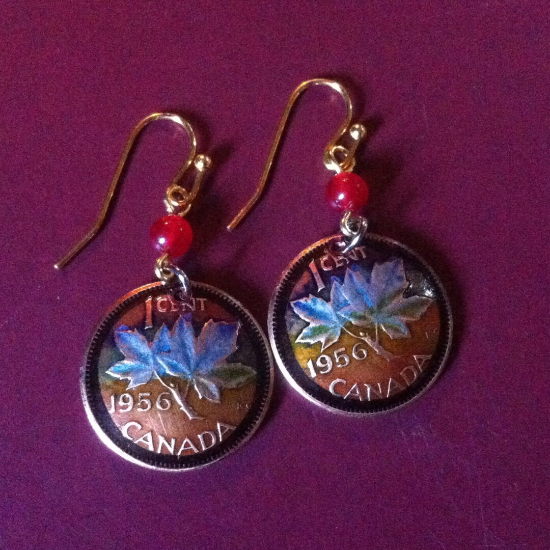 1956 Canadian Maple Leaf Penny Earrings With Agate Beads - Etsy