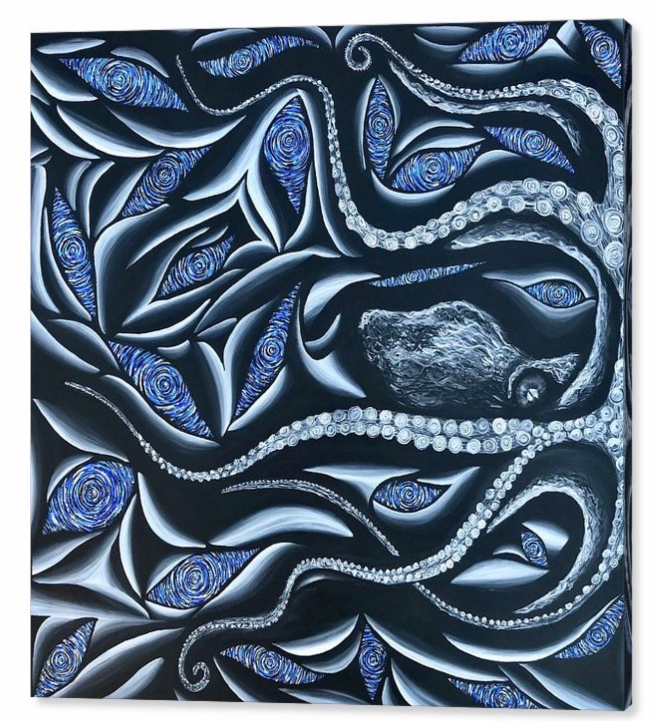 Original hand painted abstract octopus Gold and Blue acrylic Large ...