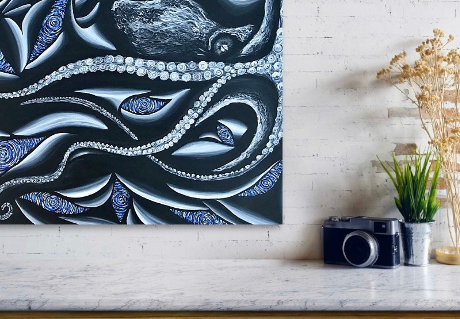 Original hand painted abstract octopus Gold and Blue acrylic Large ...