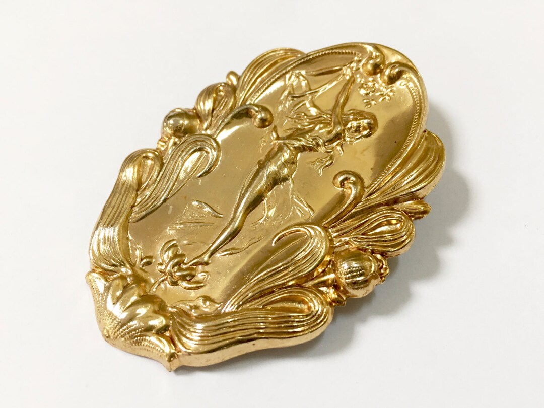 Art Nouveau Pin Nymph Pin Lady Woman Nude Pin Gold Tone Scrolly Pin ...
