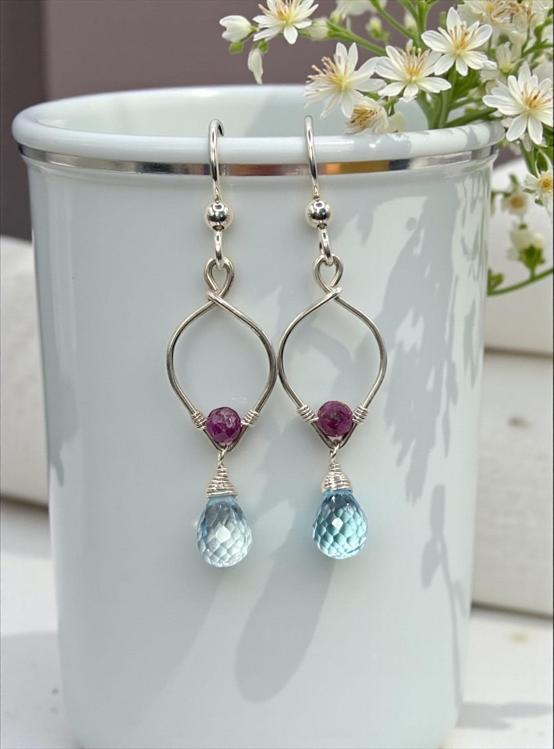 Blue Topaz and Ruby Silver Dangle Earring, Natural Gemstone Earring for ...