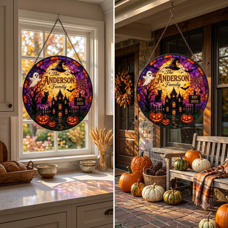 Halloween Stained Glass Suncatcher, Haunted House Window Hanging ...
