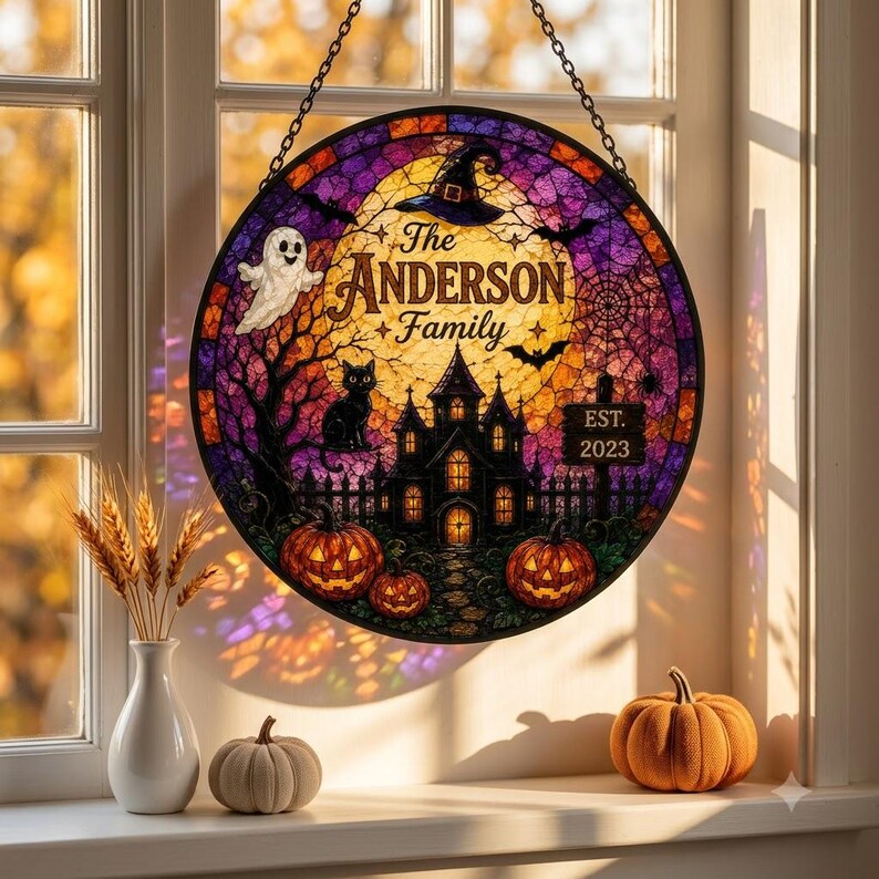 Halloween Stained Glass Suncatcher, Haunted House Window Hanging ...