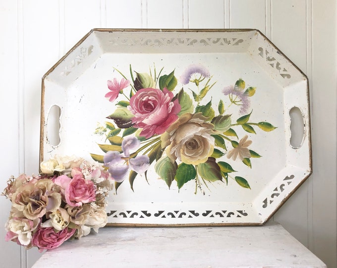 White TOLE TRAY Cream Reticulated Floral Toleware Tray Hand Painted ...