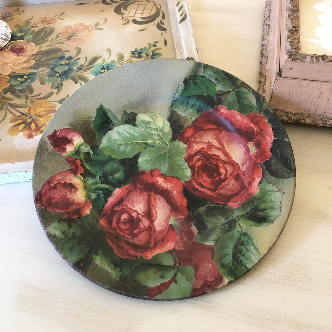 VINTAGE ROSES PLATE - Tin Roses Litho Metal Plate - Antique Round Plate ...