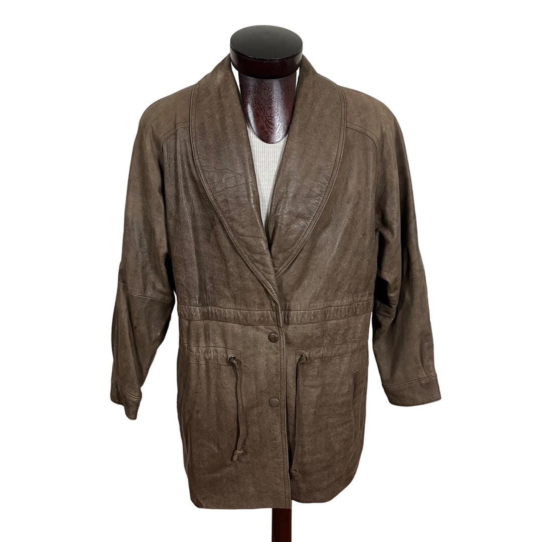 Verducci Mens Vintage Leather Shawl Neck 80's Brown Draw String Coat ...