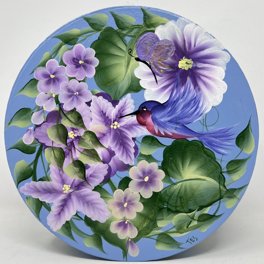 Handpainted Tole Dewberry Hummingbird Clematis Violets Band Hat Box 9 ...