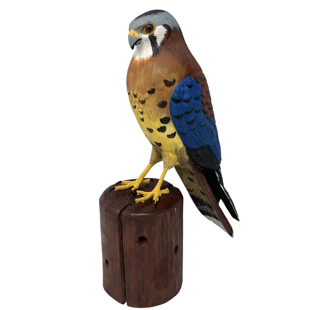 Lifesize Hand Carved Wood Kestrel Bird Hawk on Piling Post Signed RAC ...