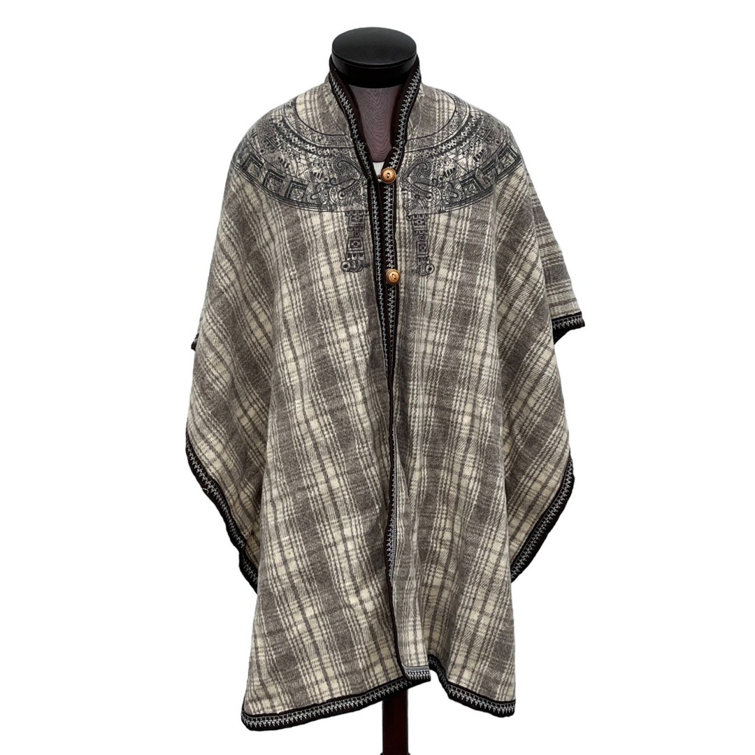 Wool Souvenir Mexico Poncho Printed Inca Maya Plaid Embroidered Accent ...