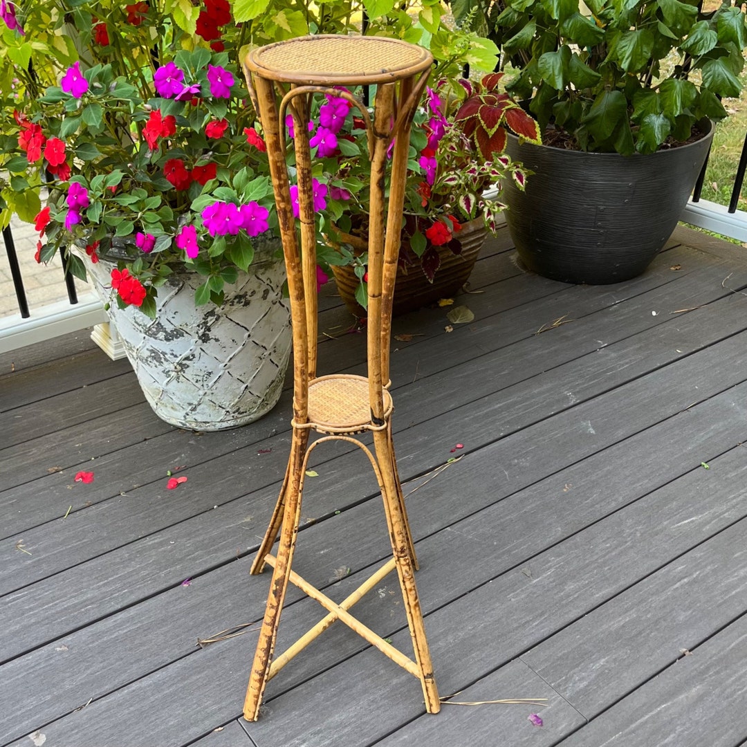 Bamboo Rattan Plant Stand 34.5" Tall Vintage Bohemian Style Bent Wood ...