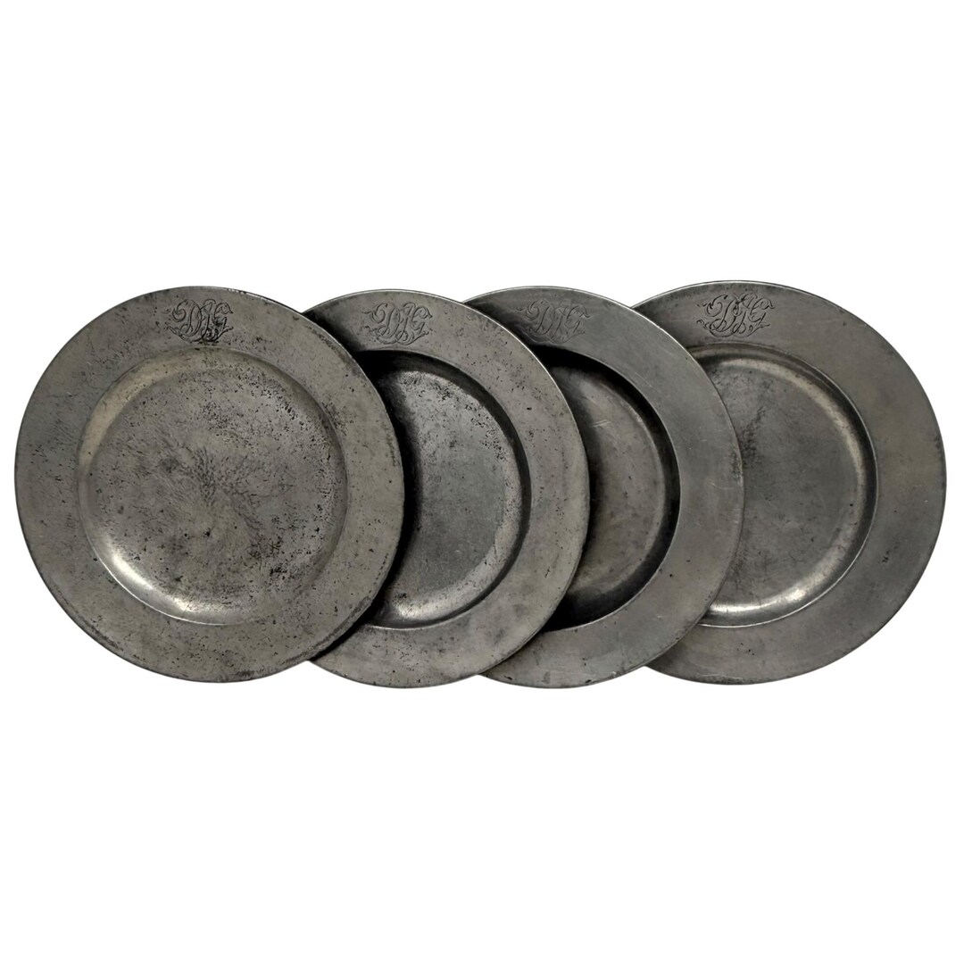 Set 4 Joseph Spackman Antique Pewter Plates Monogrammed DJ(T)G Initials ...