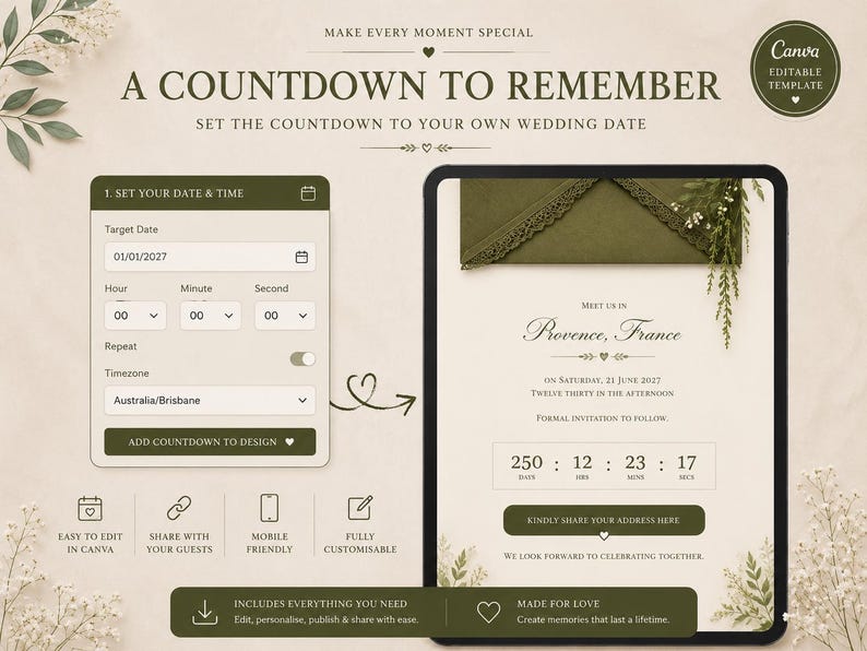 Wedding Website Invitation Template, Olive Green Save the Date Canva ...
