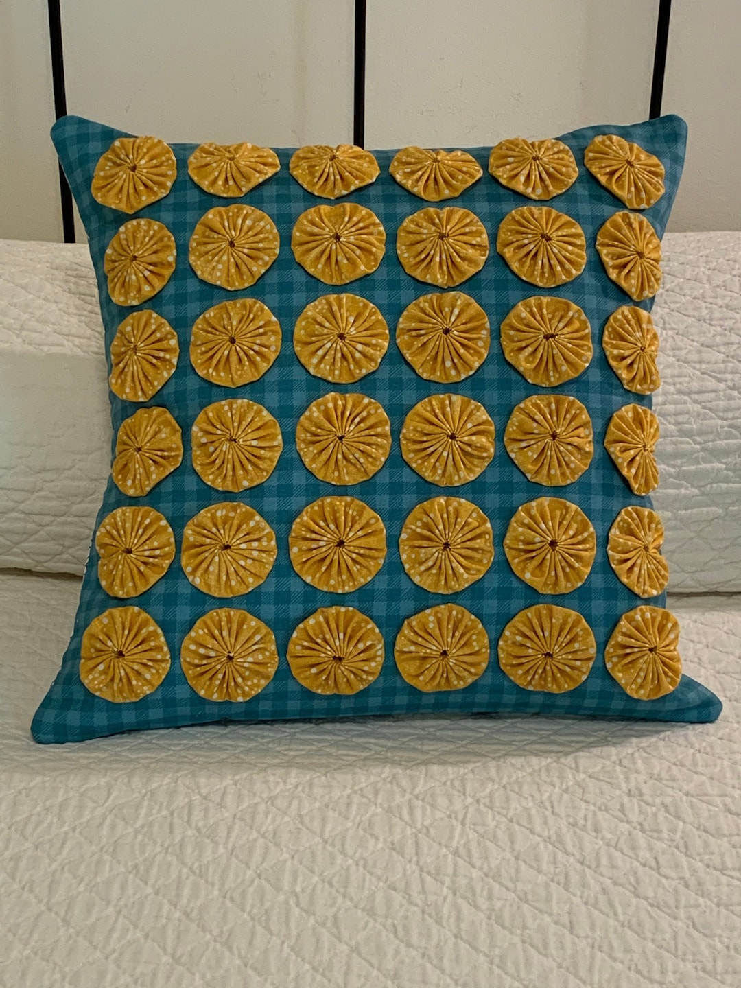 Yo-yo Pillow Cover: Teal Check, Gold & White Accents, 17-inch - Etsy