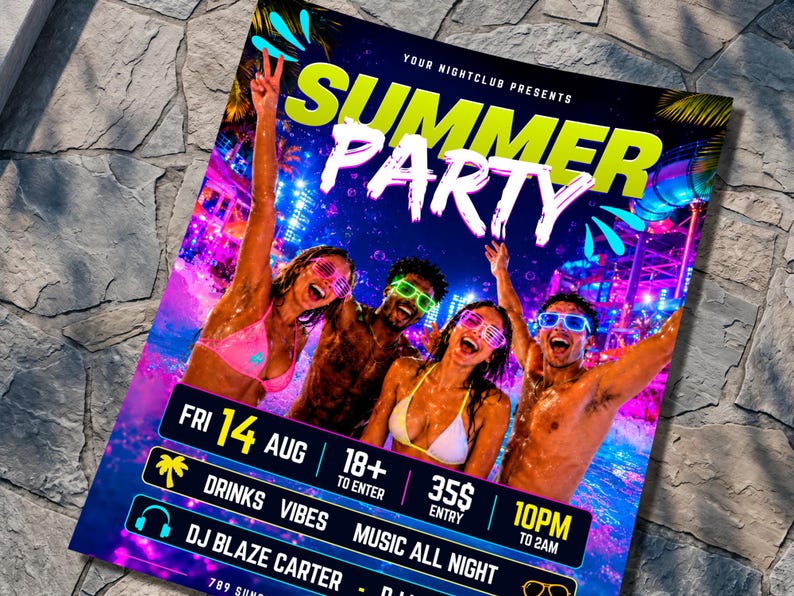 Canva Pool Party Template, Editable Neon Pool Party Flyer, Event With ...
