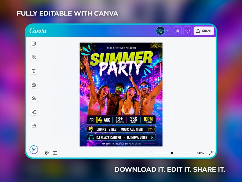 Canva Pool Party Template, Editable Neon Pool Party Flyer, Event With ...