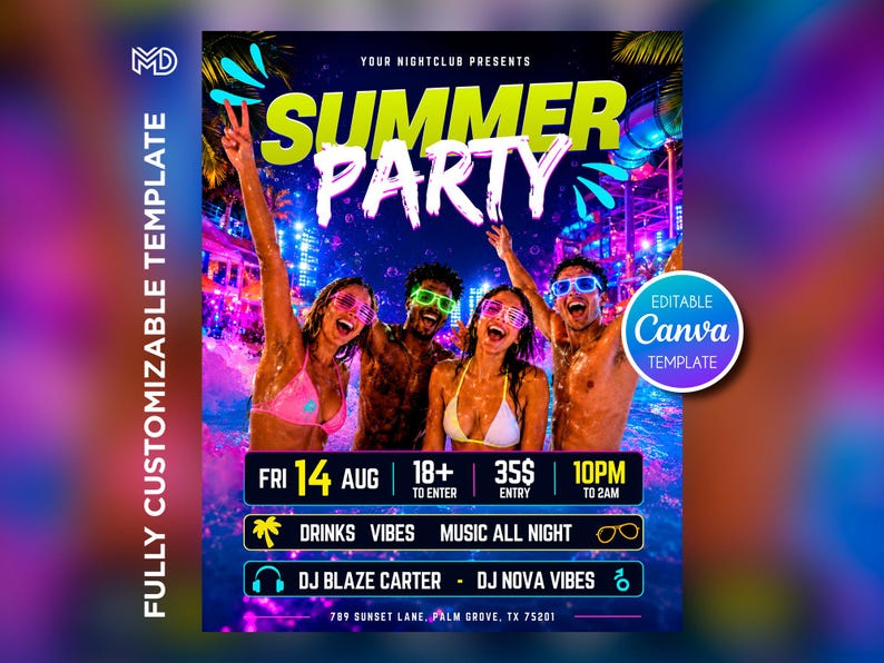 Canva Pool Party Template, Editable Neon Pool Party Flyer, Event With ...