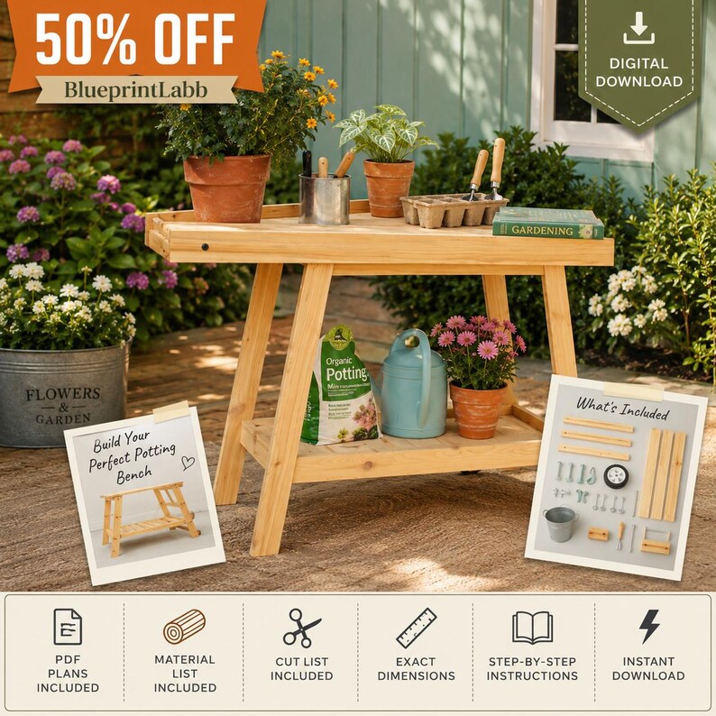 Potting Bench Plans PDF, DIY Garden Workbench, Mobile Potting Bench ...