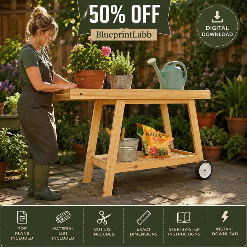 Potting Bench Plans PDF, DIY Garden Workbench, Mobile Potting Bench ...