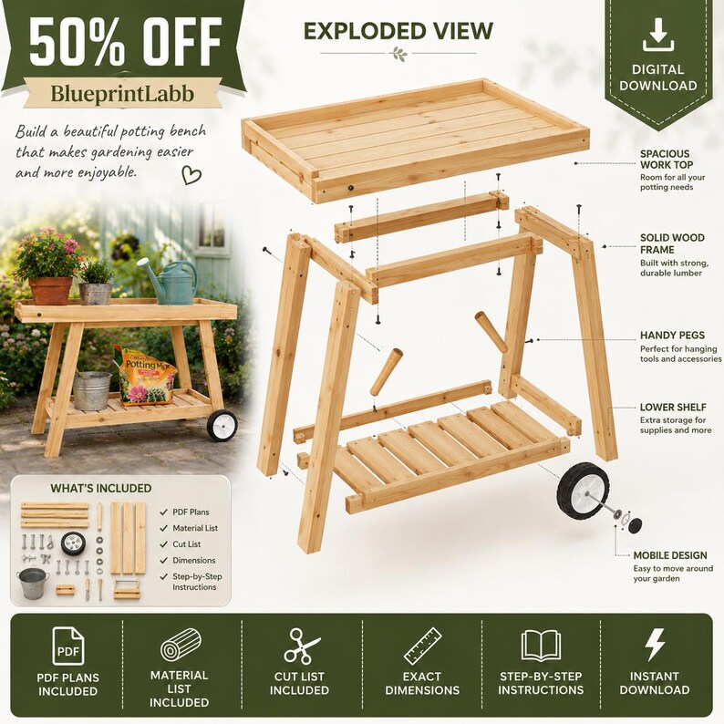 Potting Bench Plans PDF, DIY Garden Workbench, Mobile Potting Bench ...