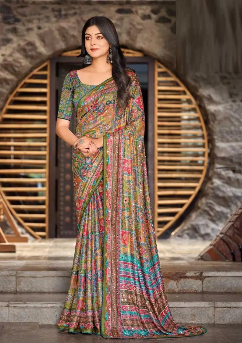 Multicolor Chocolate Digital Print Saree With Glass Work, Traditional ...