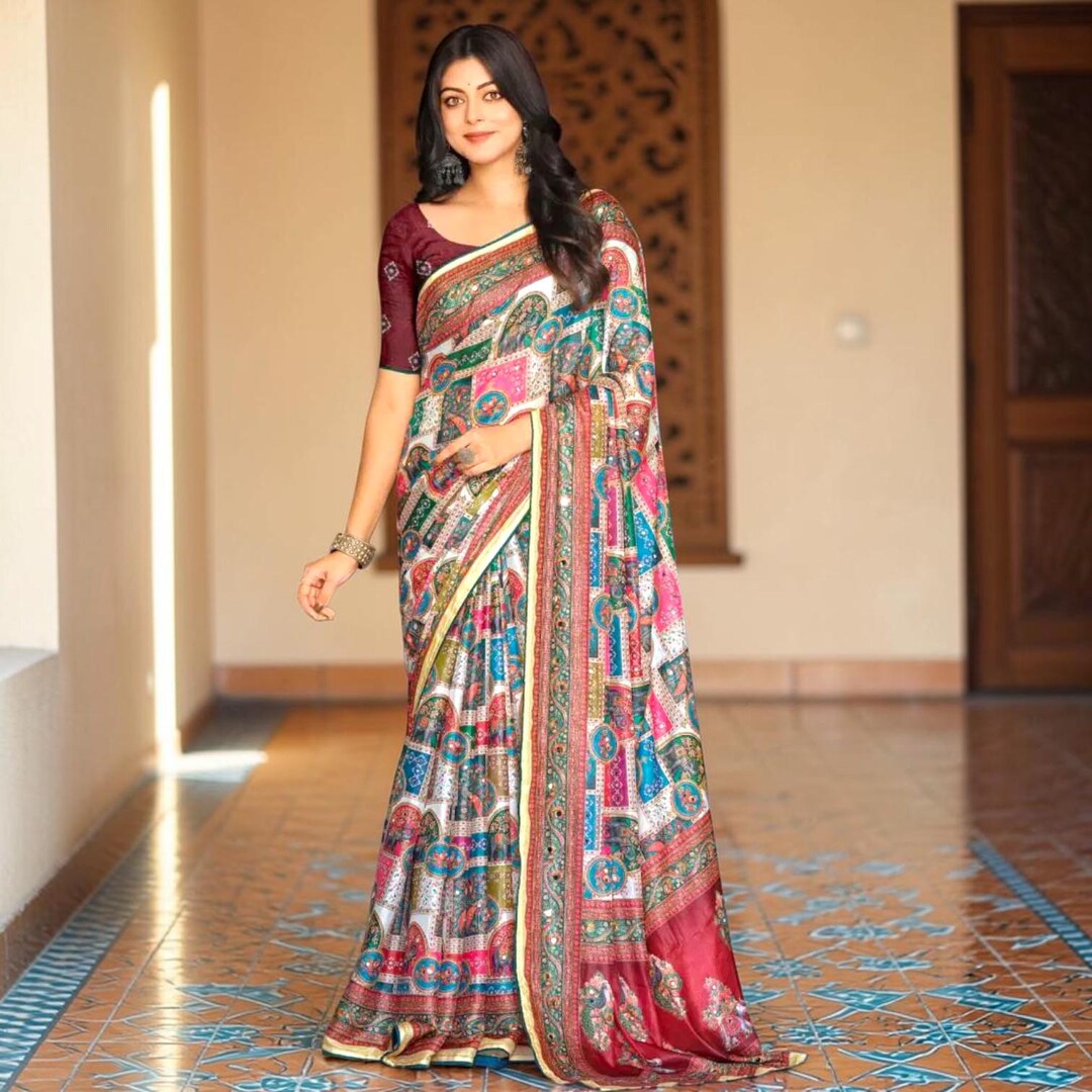 Multicolor Chocolate Digital Print Saree With Glass Work, Traditional ...