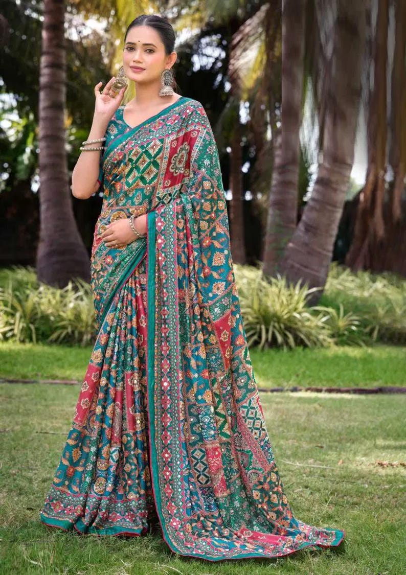 Multicolor Chocolate Digital Print Saree With Glass Work, Traditional ...