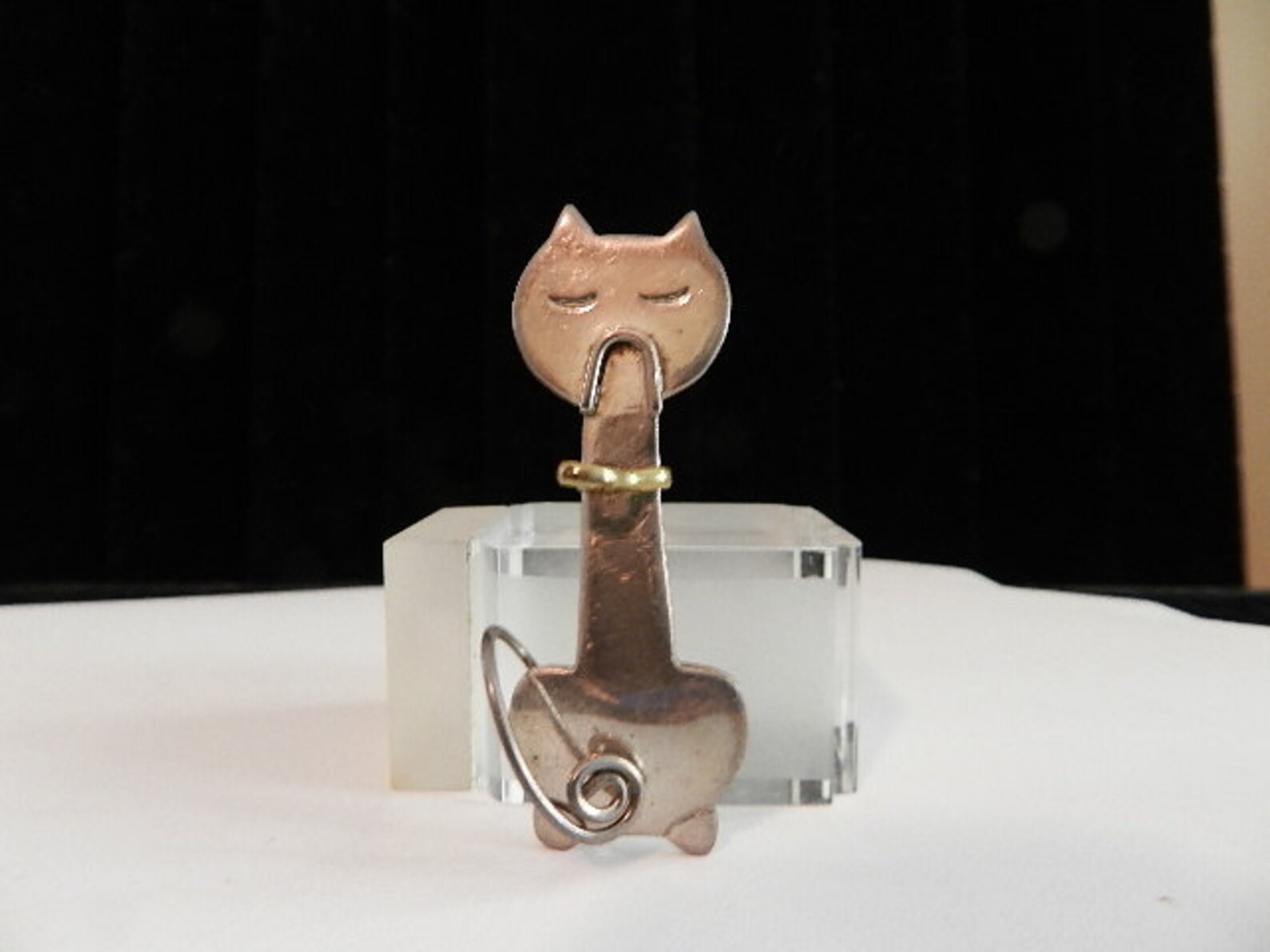 Vintage Sterling Silver Kitty Cat Brooch Estate Pin Brass Accents
