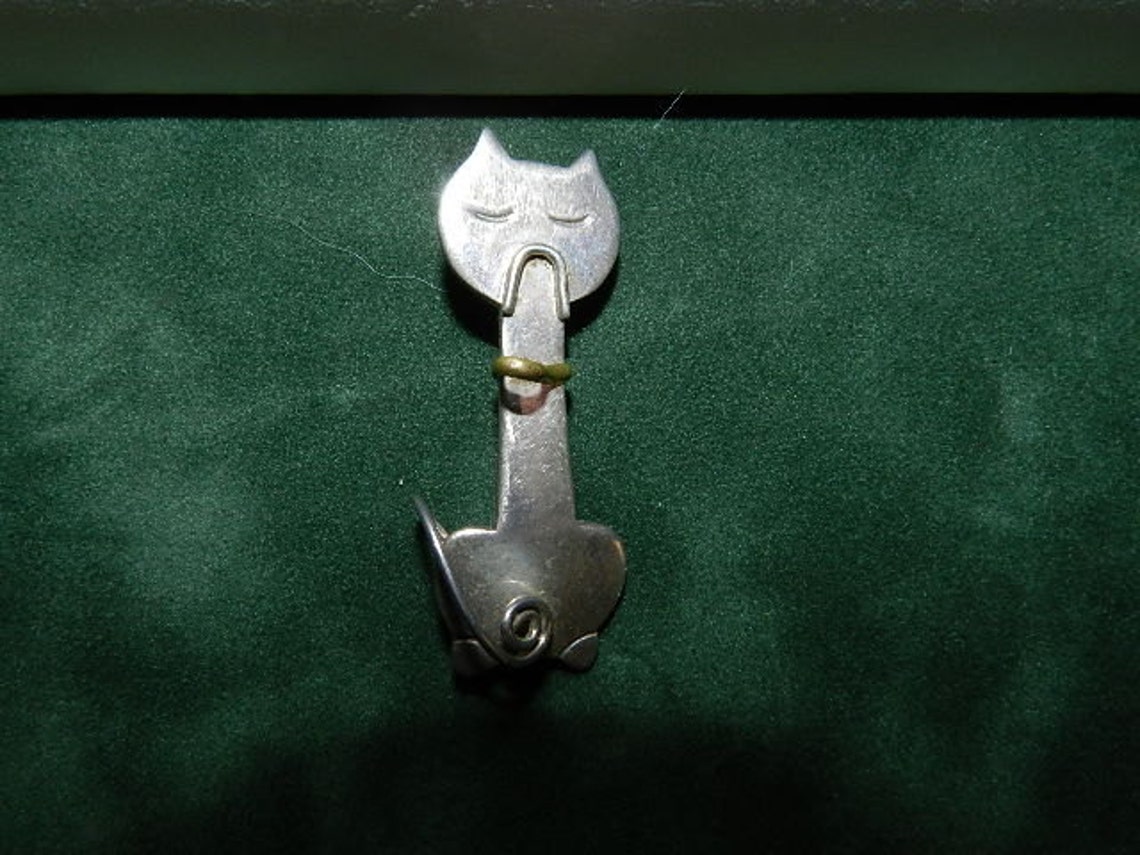Vintage Sterling Silver Kitty Cat Brooch Estate Pin Brass Accents