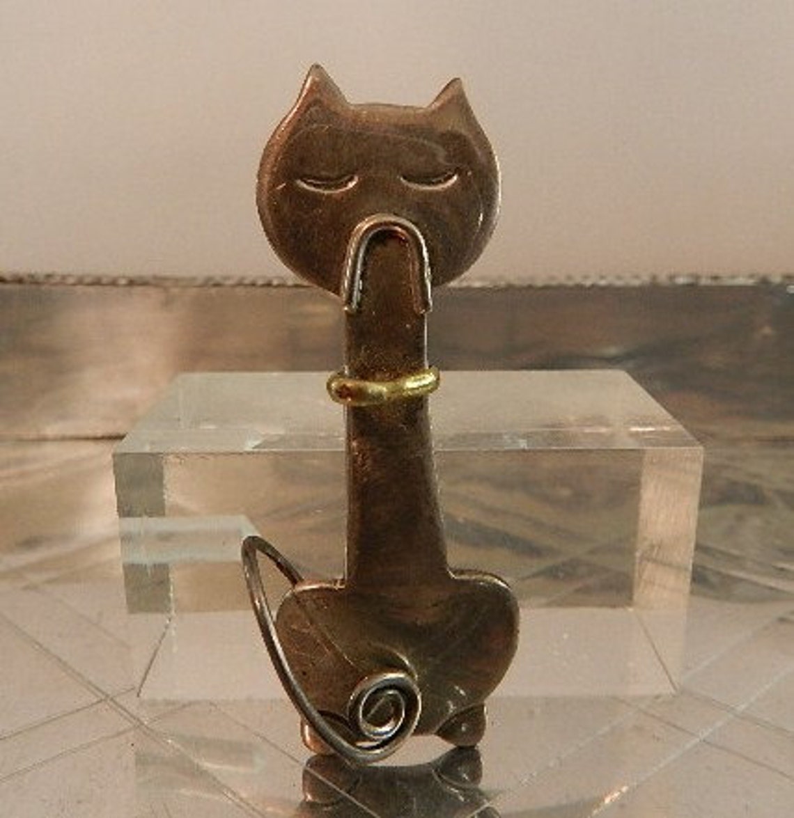 Vintage Sterling Silver Kitty Cat Brooch Estate Pin Brass Accents ...