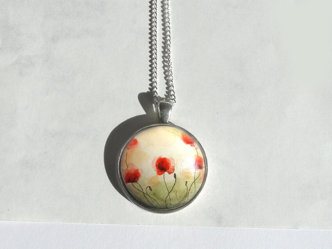 Hand Painted Pendant, Art Poppies Necklace, Flower Field Painting ...