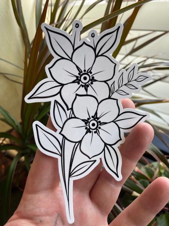 Flowers on Stem Outline Sticker Tattoo Style - Etsy