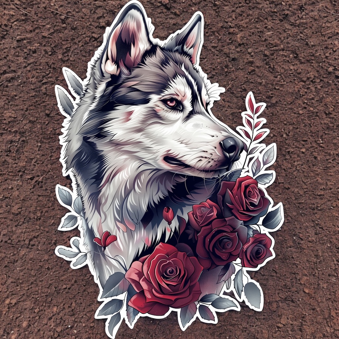 Husky Dog With Roses Tattoo Style Sticker Wolf - Etsy